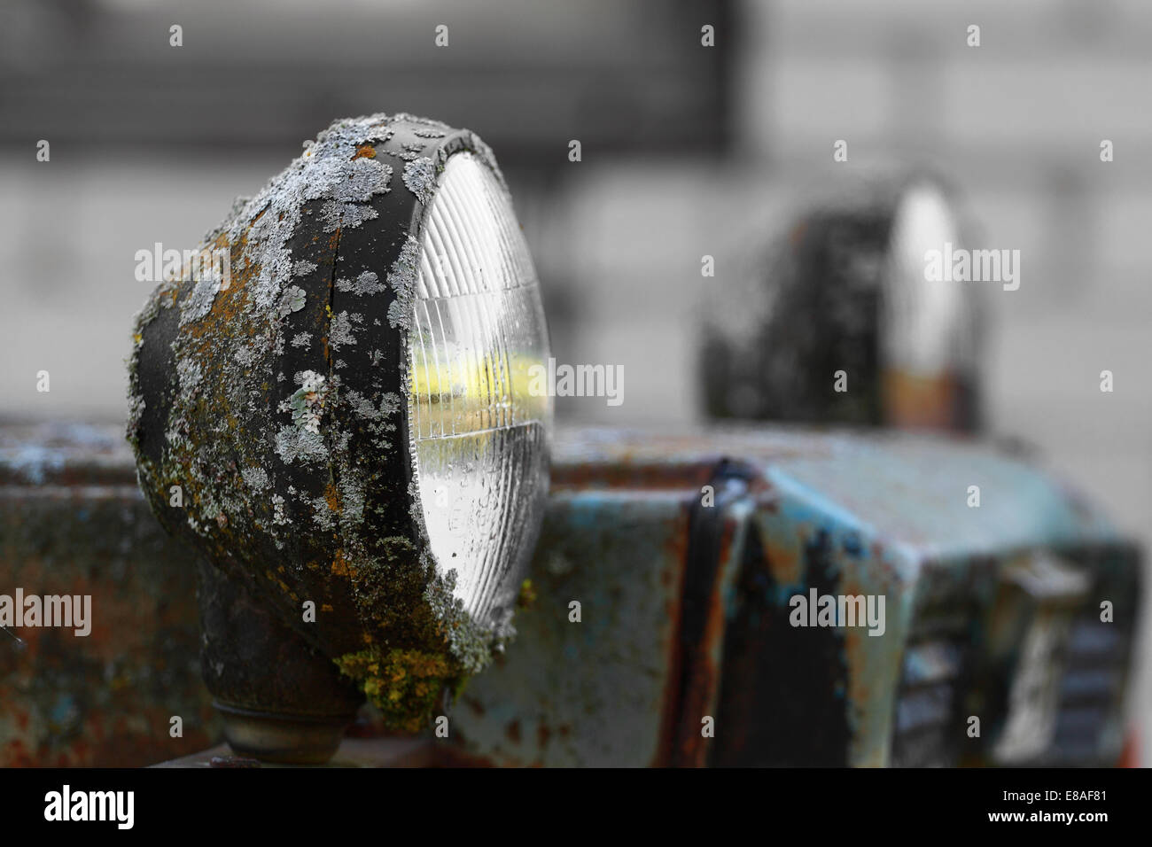 Old rusty lamp covered with moss on natural gray background Stock Photo ...