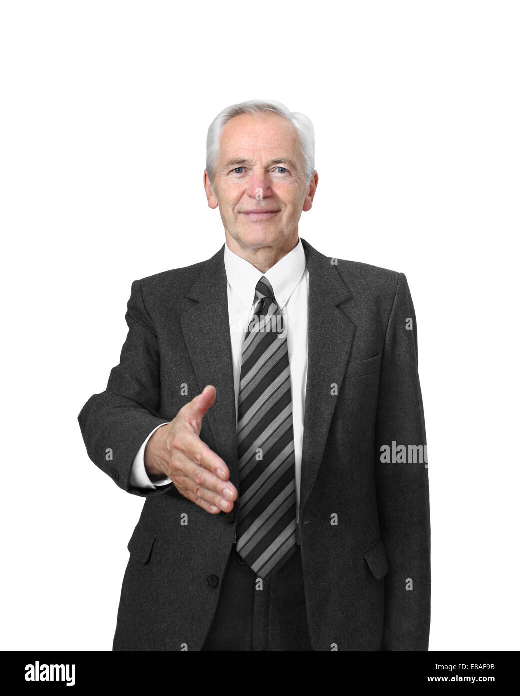 Senior man with friendly face gives his hand for handshake isolated on ...