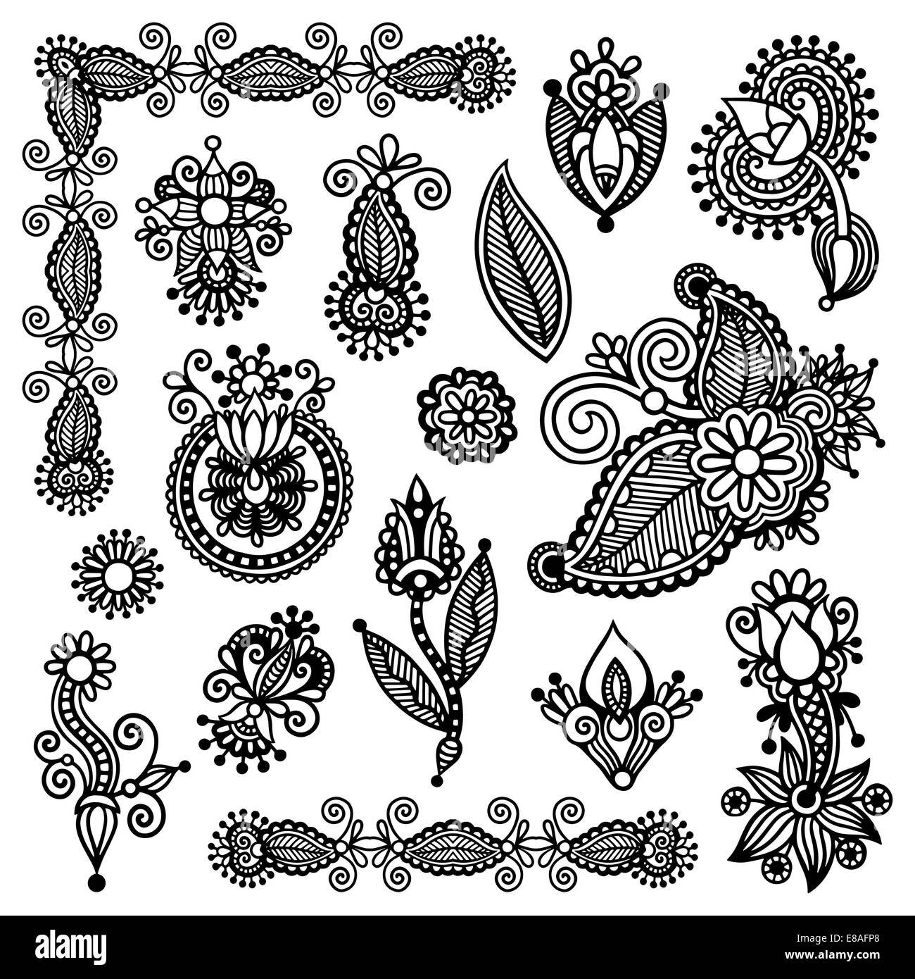 black line art ornate flower design collection Stock Photo - Alamy