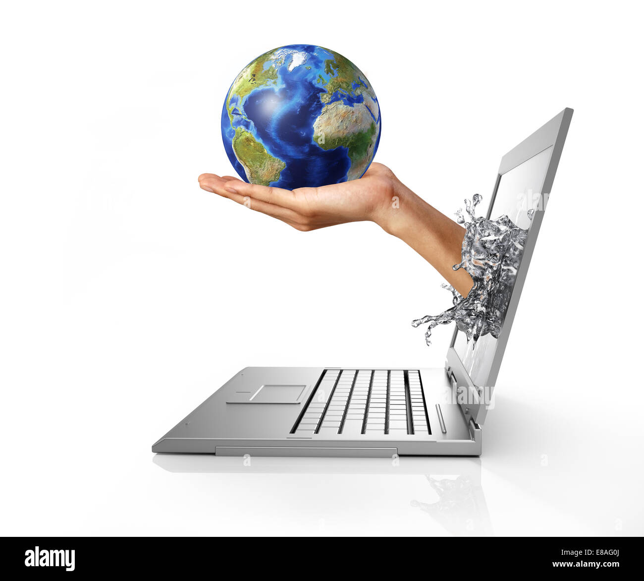Earth globe on hand palm, coming out from a laptop computer, forming a ...