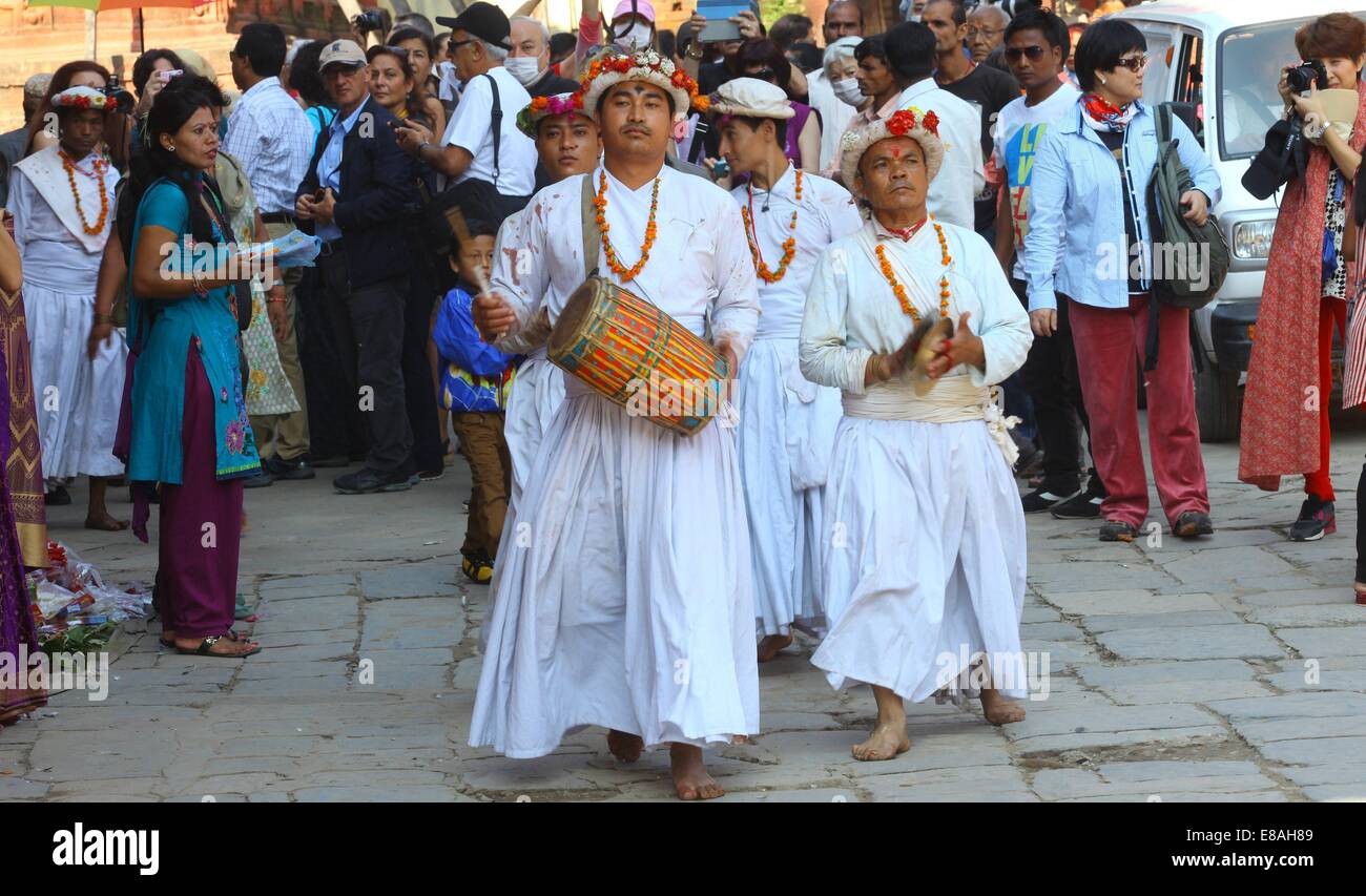 Kathmandu, Nepal. 3rd Oct, 2014. Nepalese Hindu devotees in traditional ...