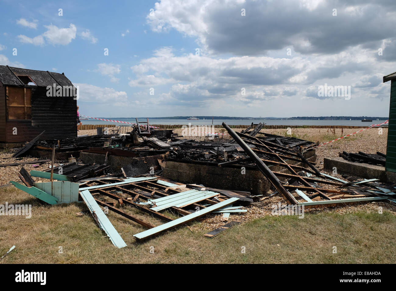 Beach Huts destroyed by fire at Calshot beach hampshire near ...