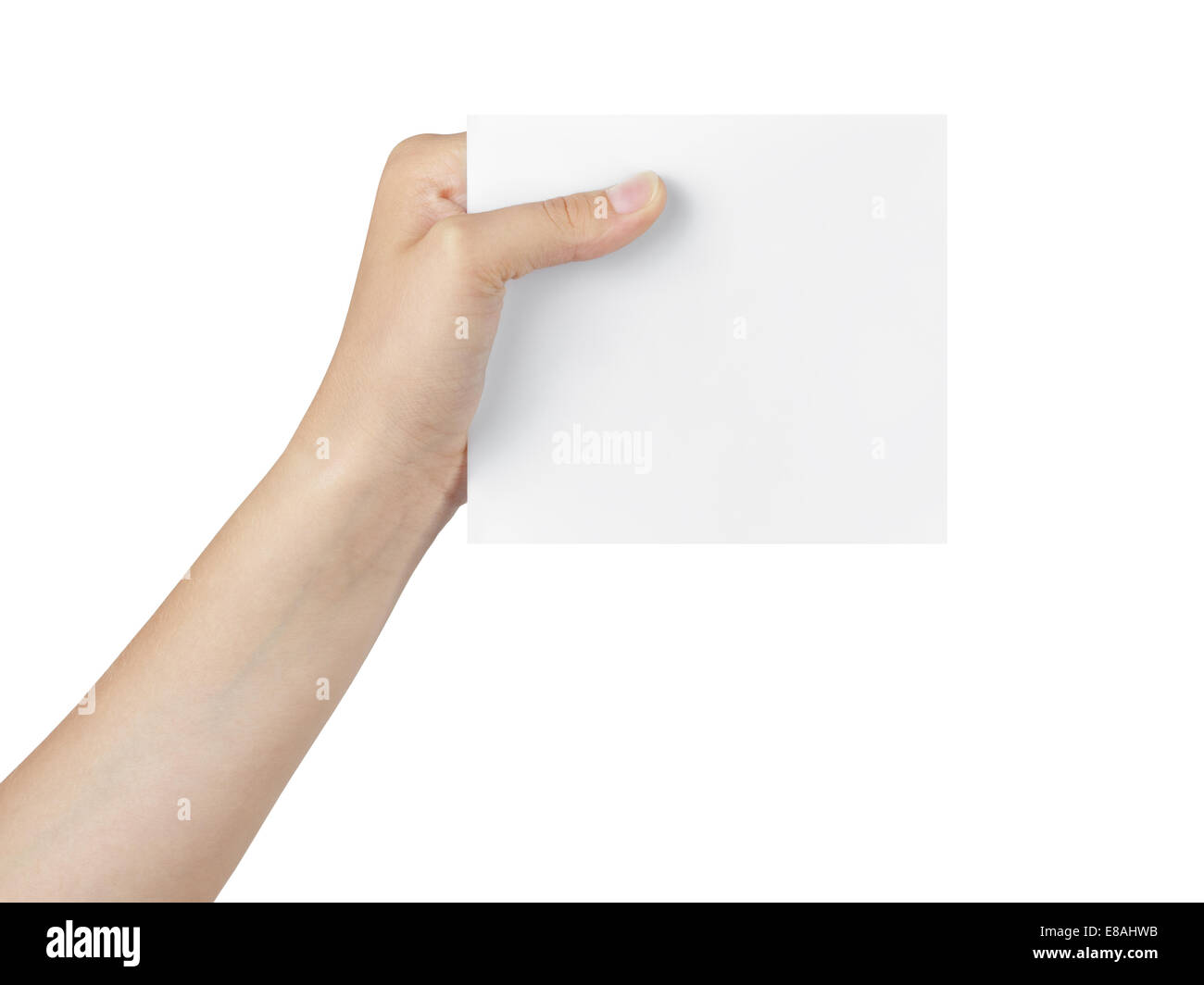 female teen hand holding white card, isolated on white Stock Photo - Alamy