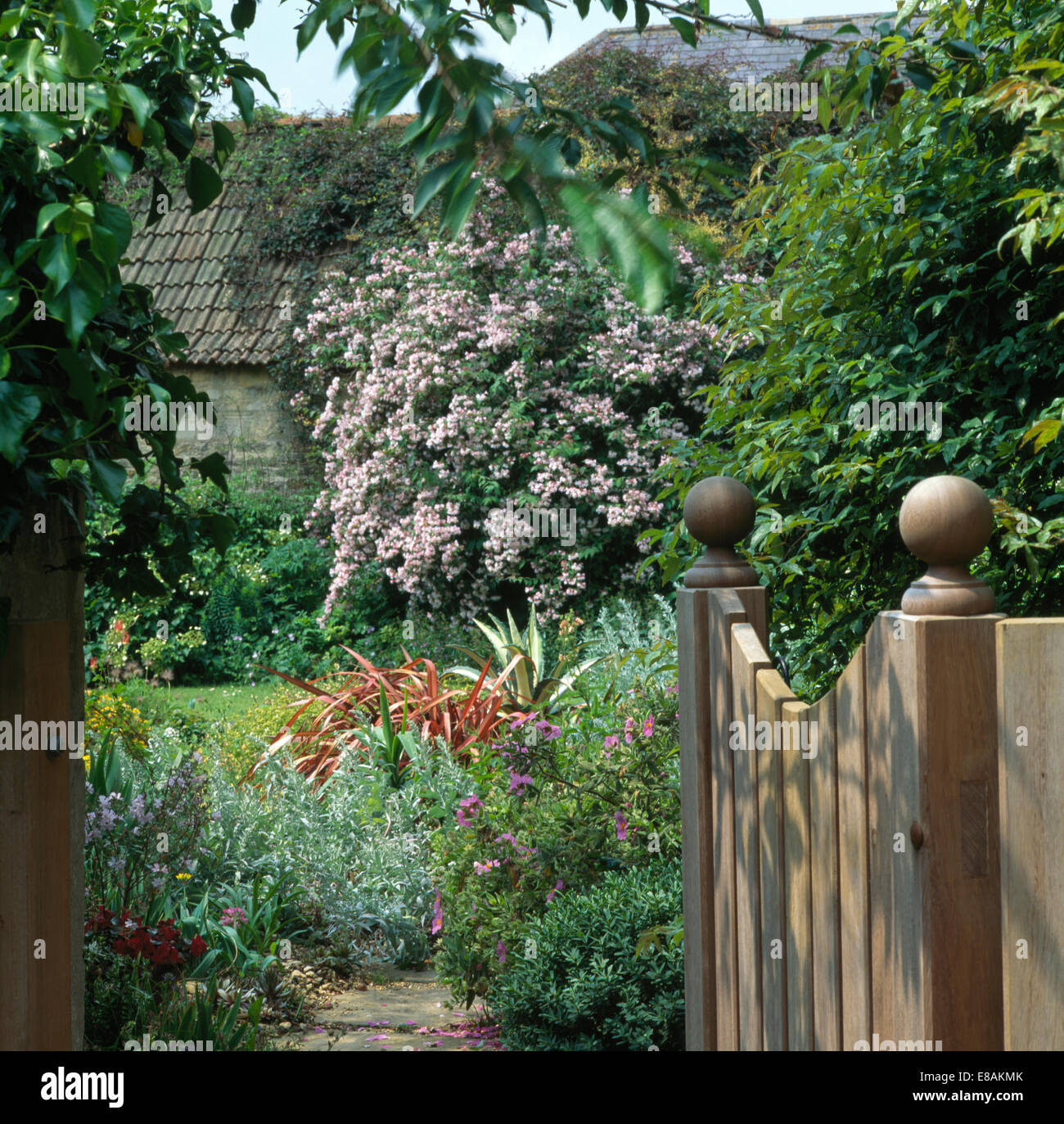 Open wooden gate to country garden with path through low growing shrubs ...