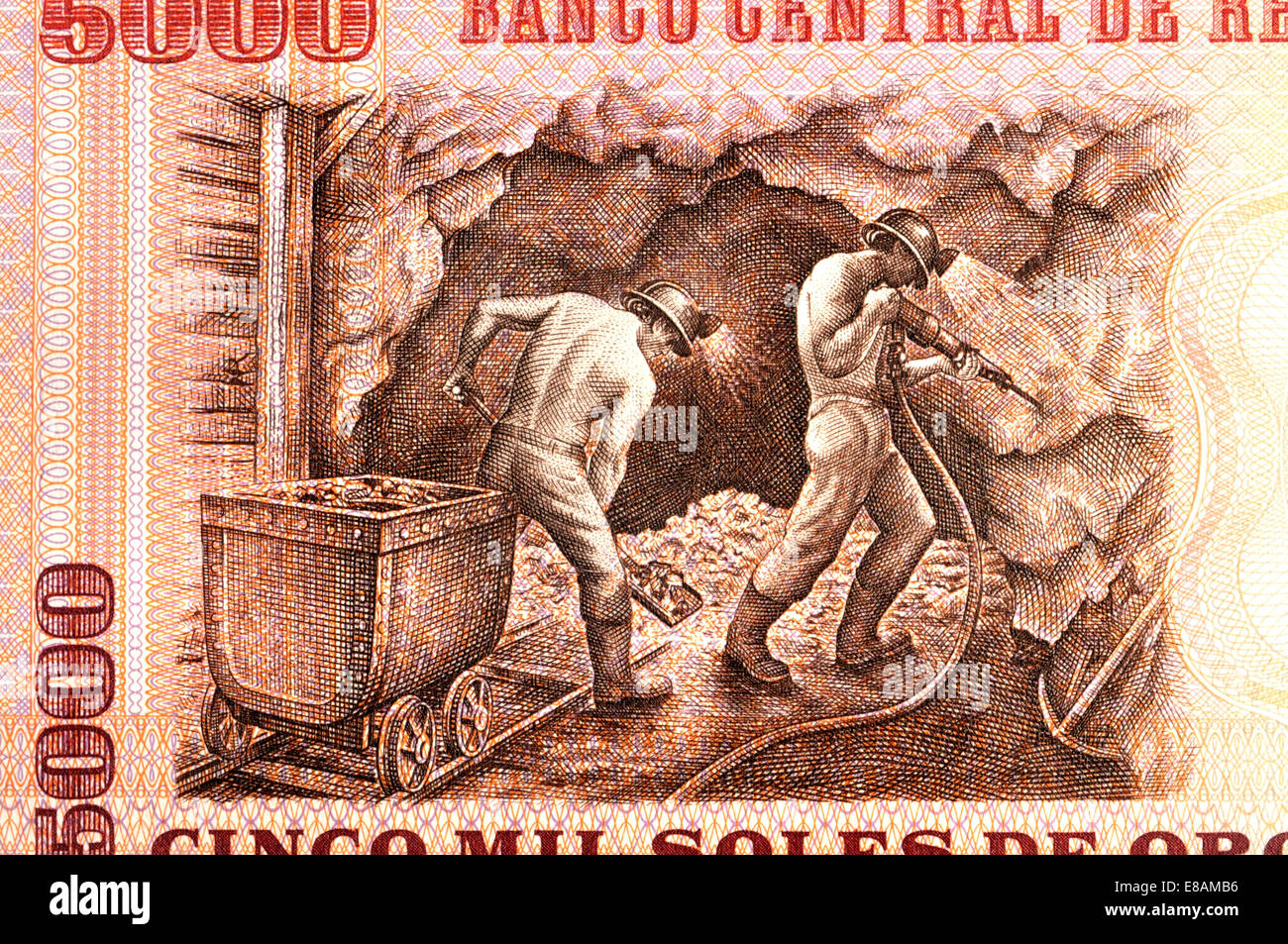 Detail from a Peruvian 5000 Soles banknote showing miners Stock Photo ...