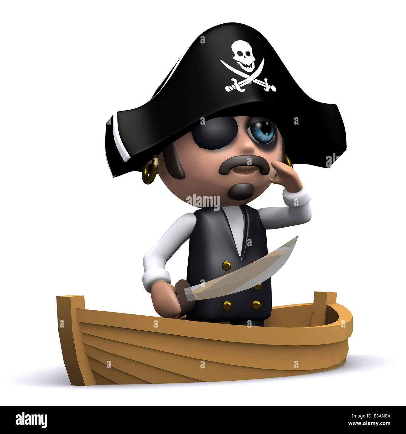3d render of a pirate in a dinghy calling ahoy! Stock Photo - Alamy