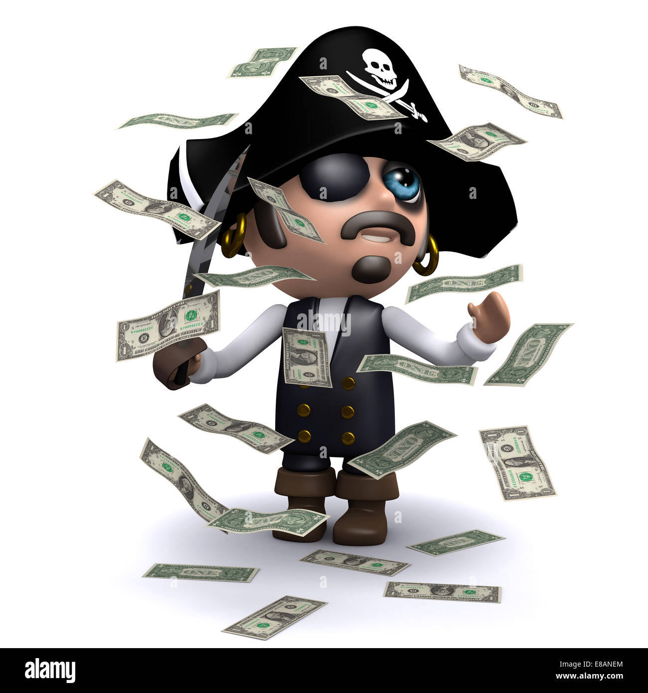3d render of a pirate surrounded by falling US Dollar bills Stock Photo ...