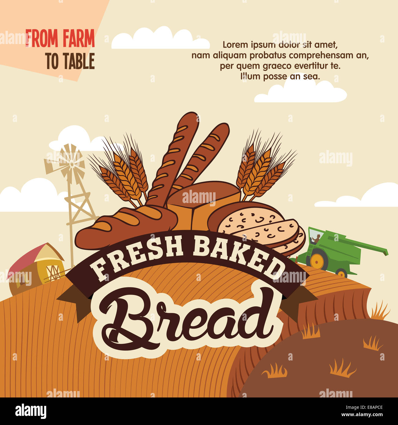 Fresh baked bread from farm to table, advertising poster with label ...