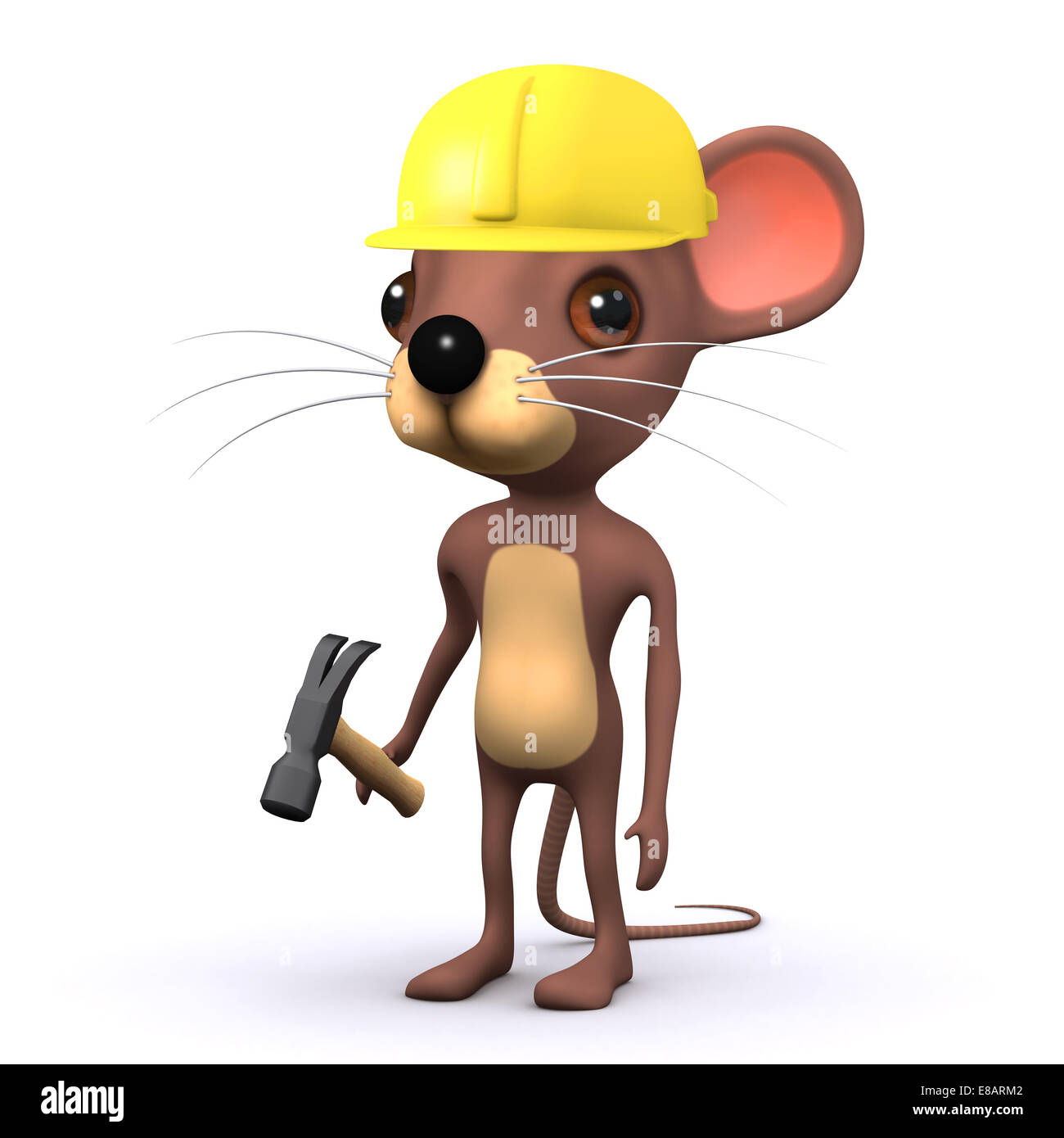 3d render of a cute mouse wearing a safety helmey and holding a hammer ...