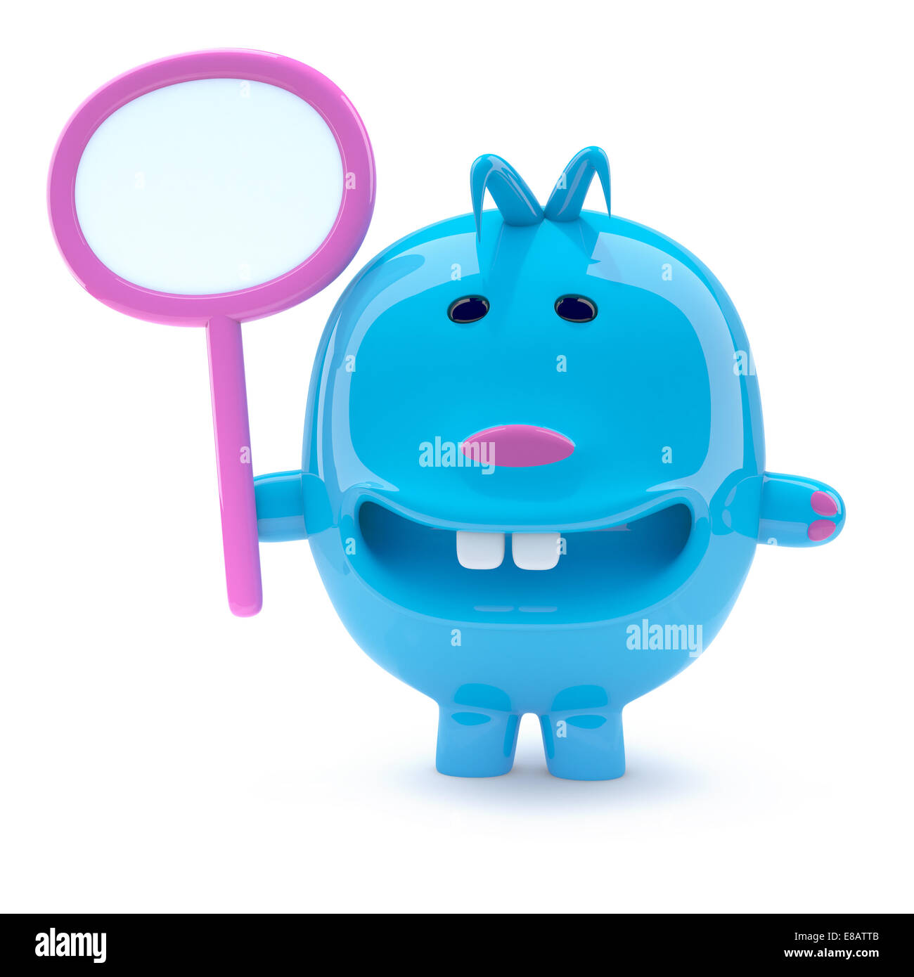 3d render of a blue plastic toy character with a blank placard Stock ...