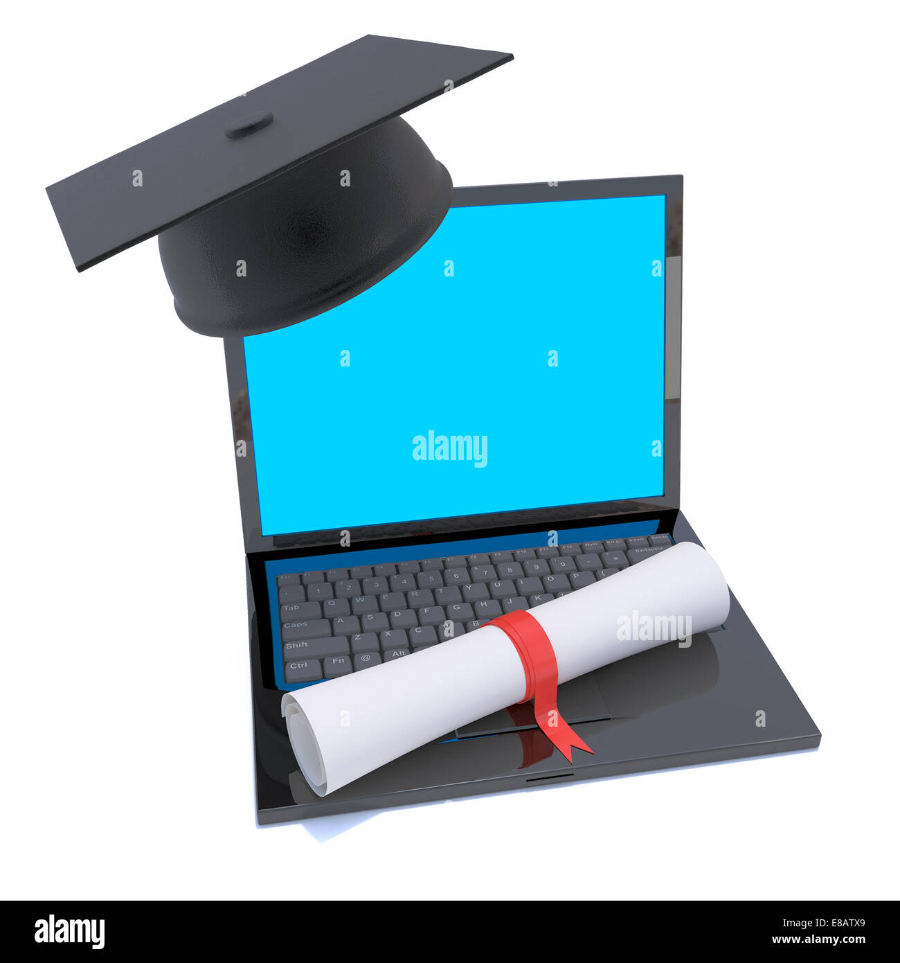 3d render of a mortar board and diploma scroll resting on a laptop pc ...