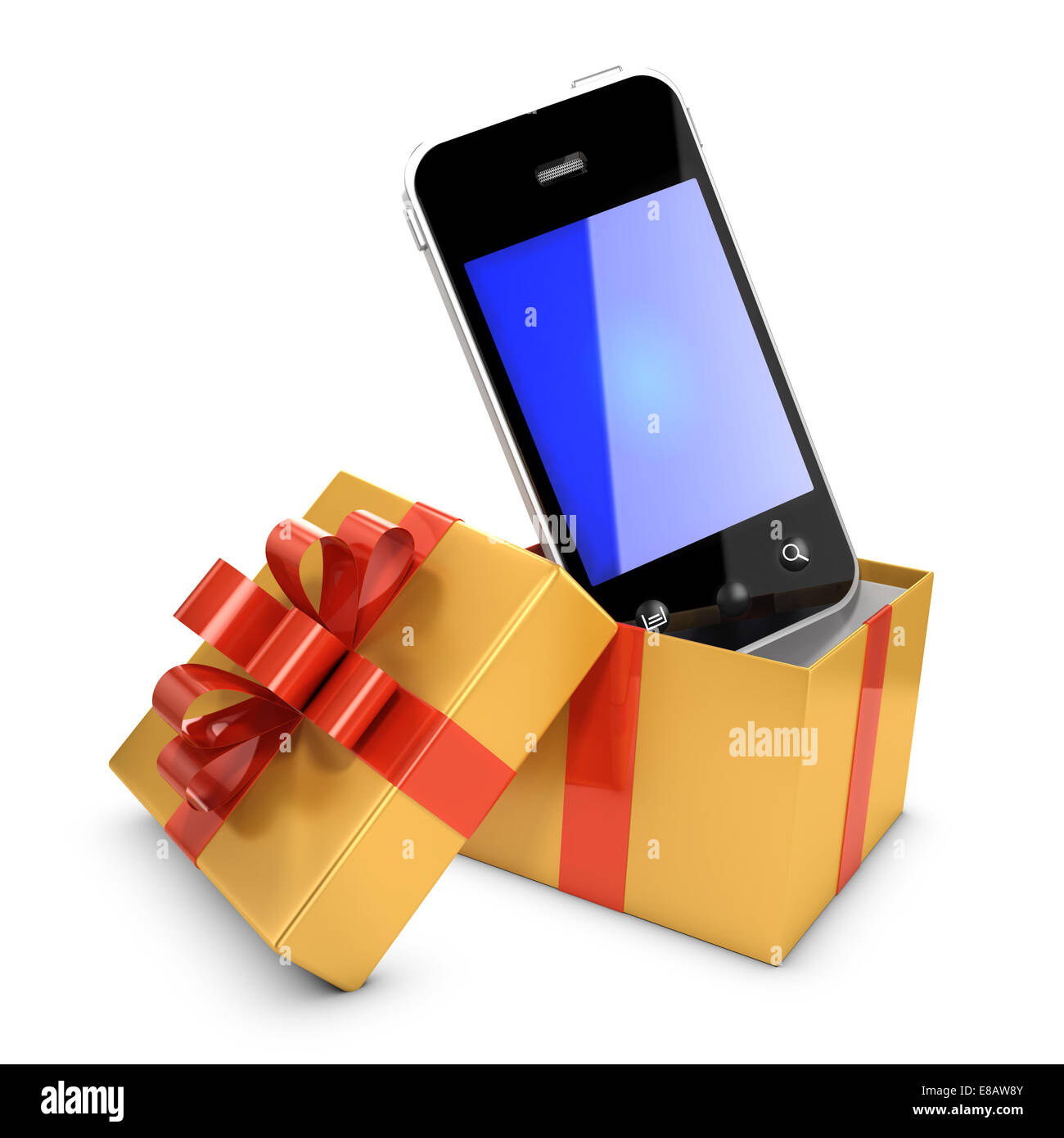 3d render of a smartphone appearing from gold gift box Stock Photo - Alamy