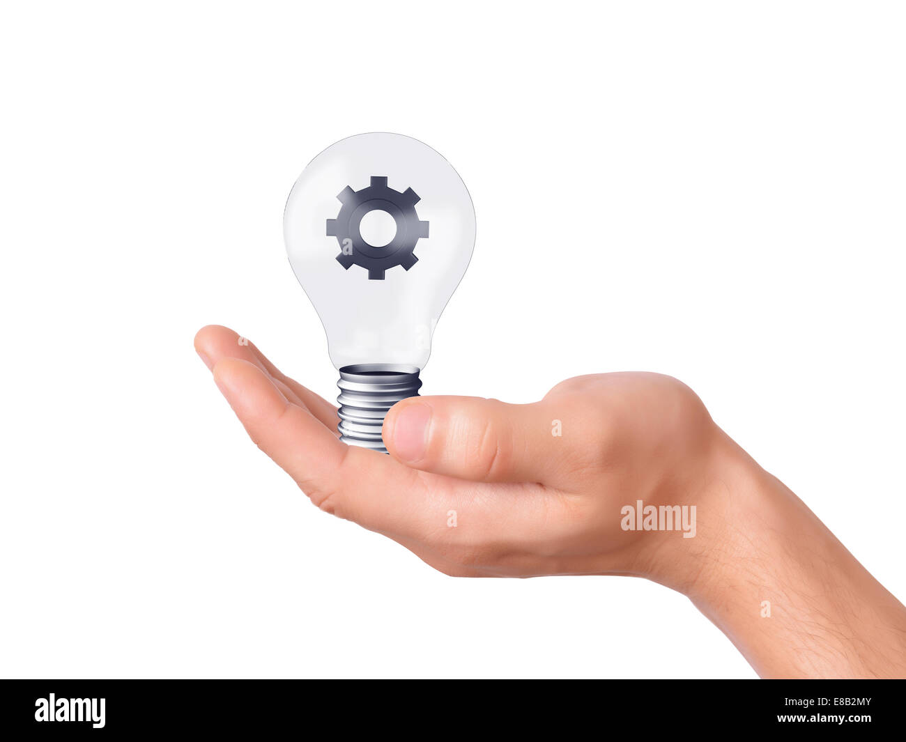 image of hand hold light bulb with gears. business concepton white ...