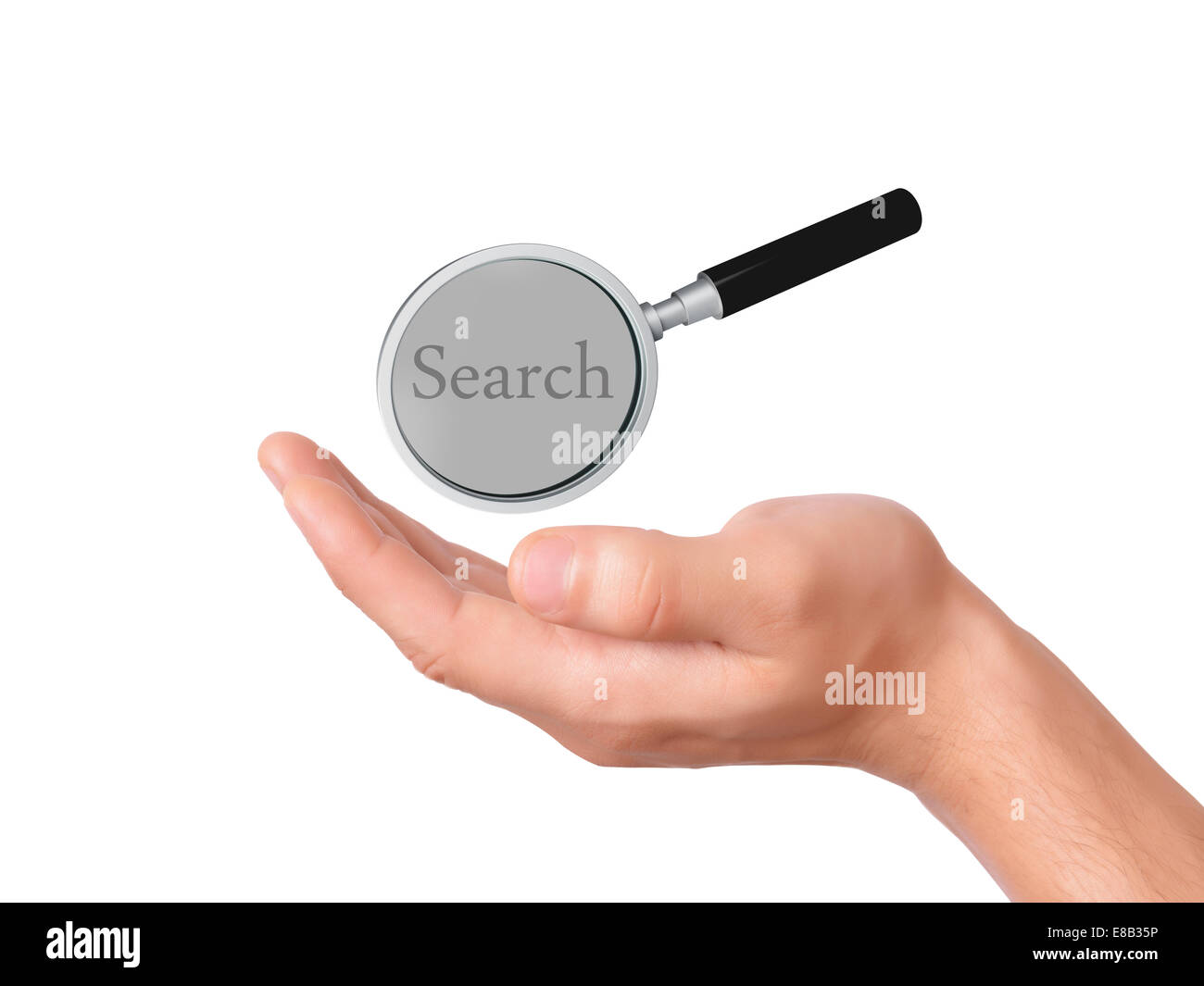 image of hand holding magnifier glass with search text on white ...