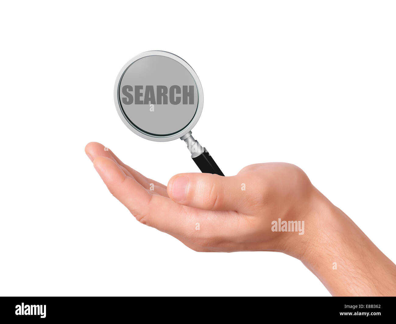image of hand holding magnifier glass with search text on white ...