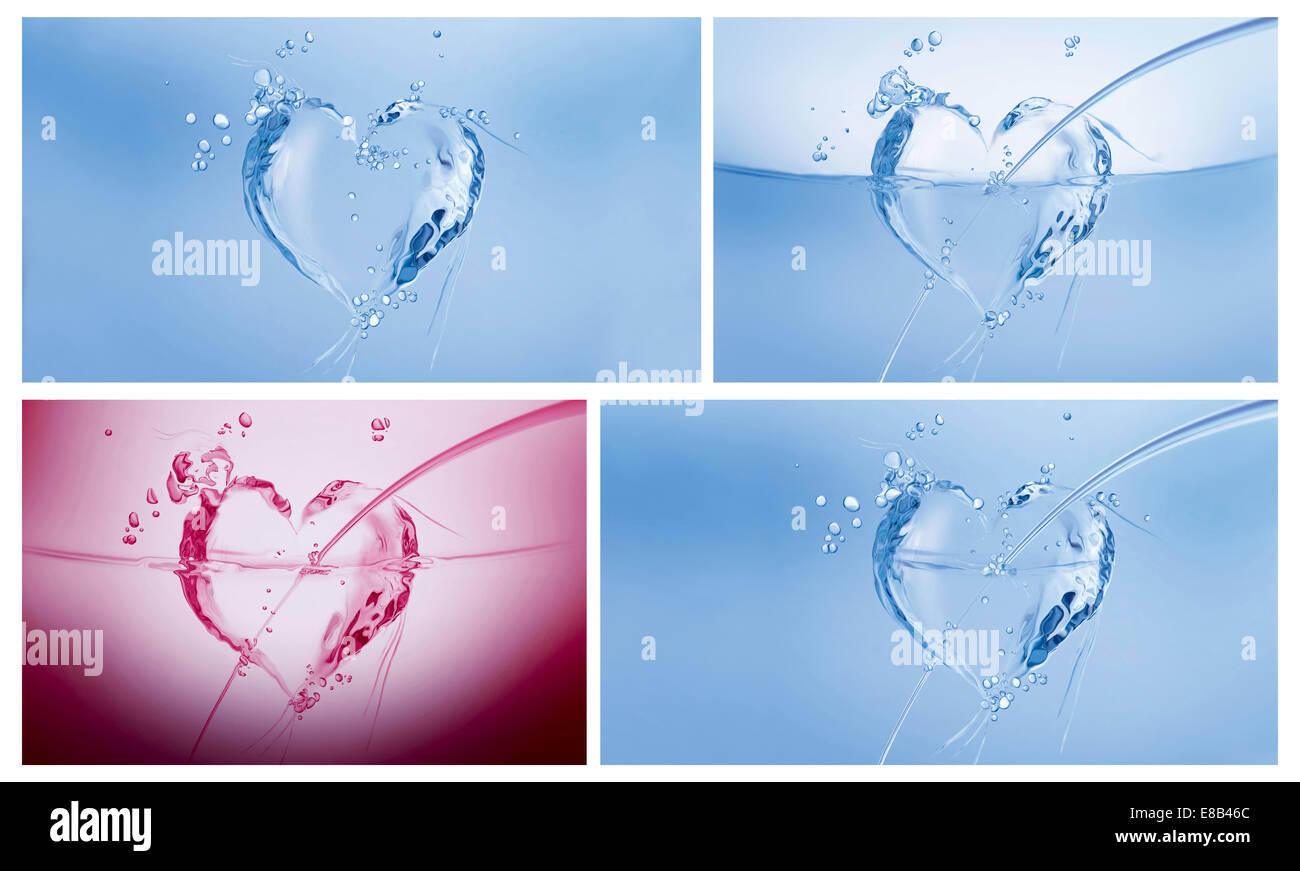 A collage of three blue hearts made of water and a dark pink one on ...