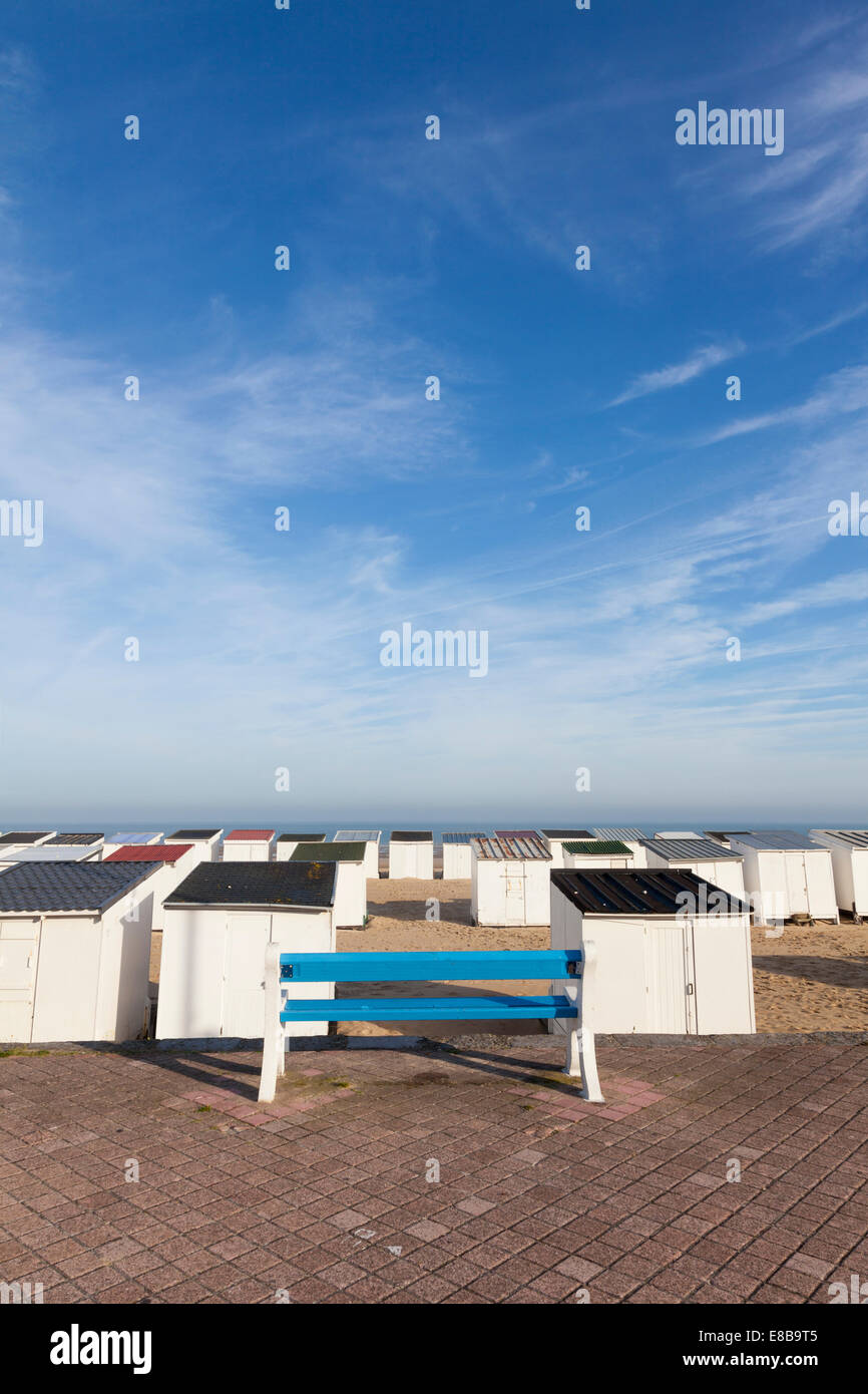 Blue bench and seafront huts on the beach, Calais, France Stock Photo ...