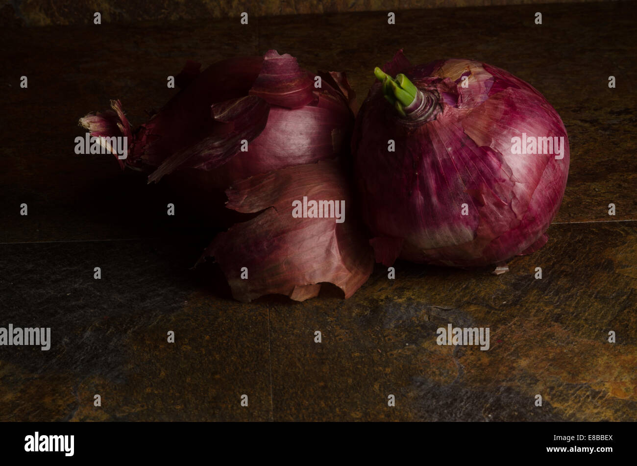 two red onions over a stone textured table Stock Photo - Alamy
