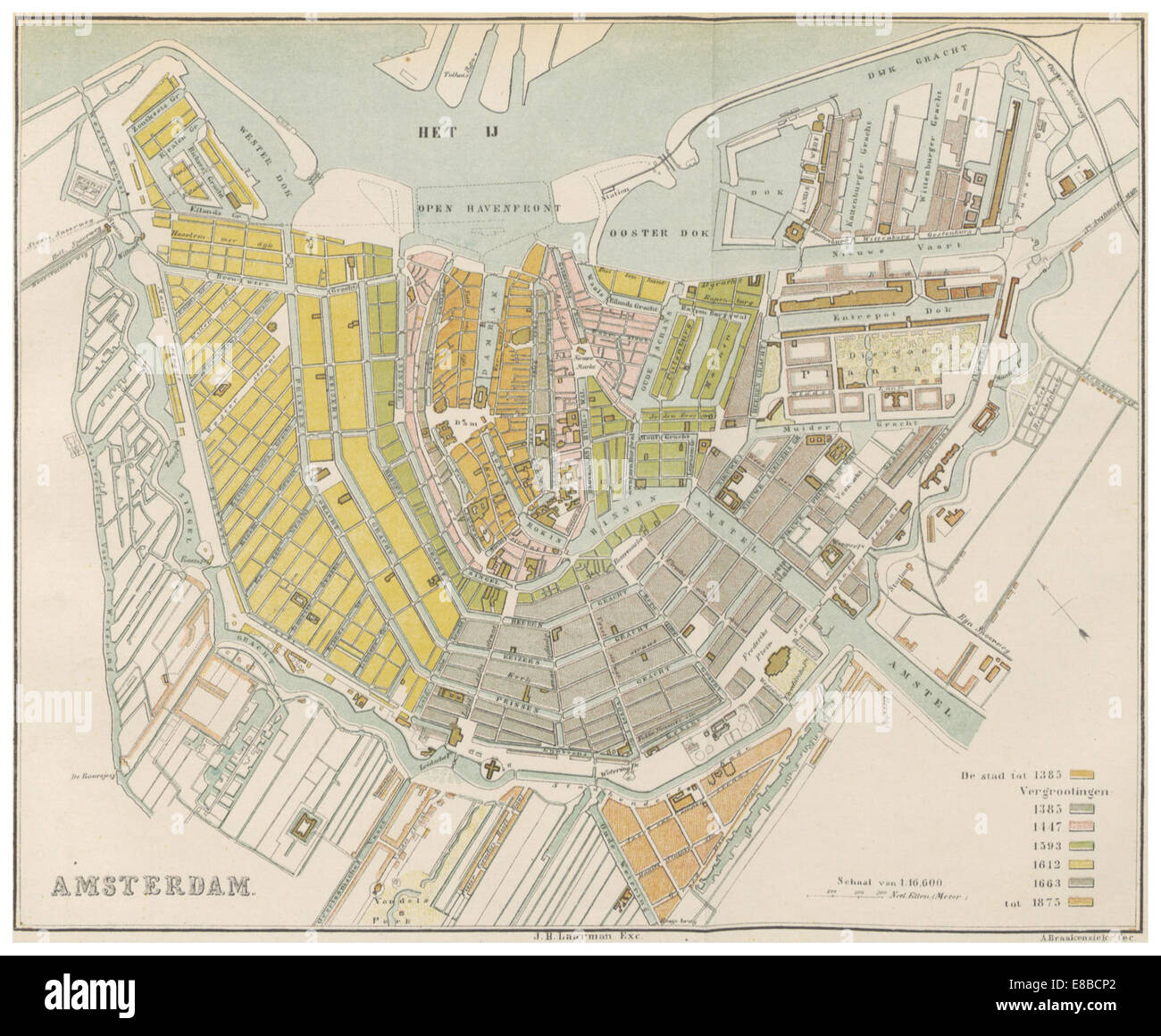 This map illustrates the development of Amsterdam from 1385 to 1875 ...