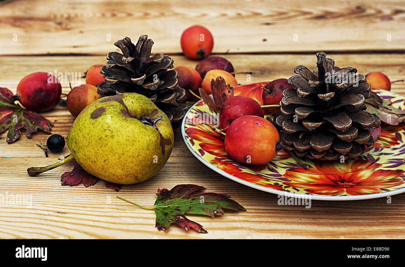 autumn fruits and berries on wooden table Stock Photo - Alamy