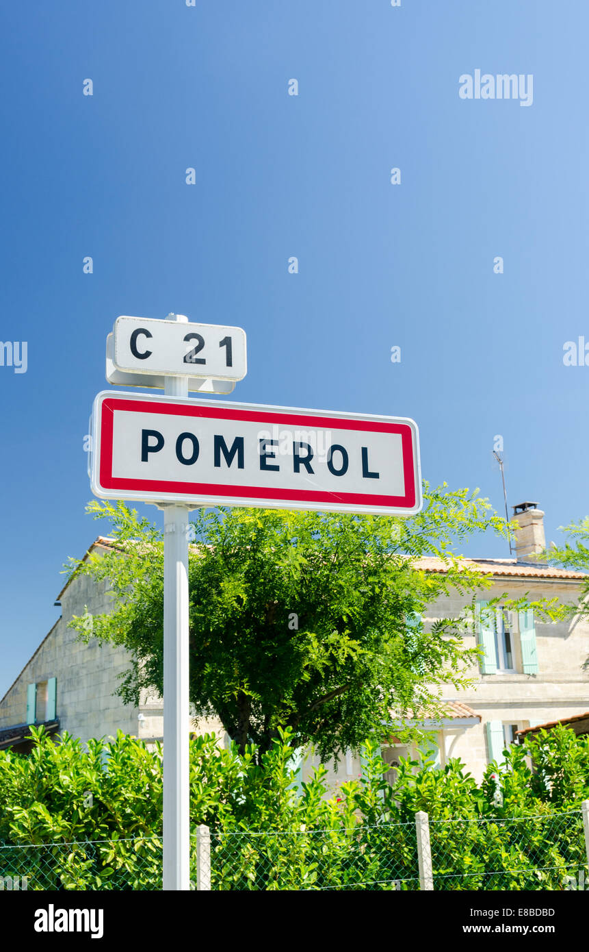 Sign for the commune of Pomerol in the Gironde region of Aquitane in ...