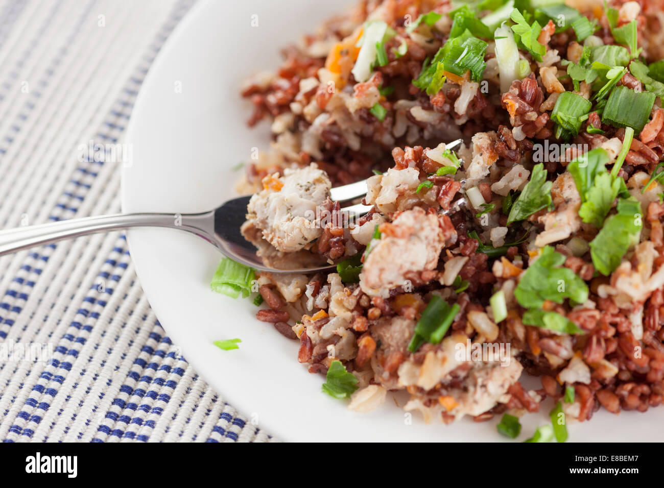 Red rice with turkey pieces and parsley with chives cut Stock Photo - Alamy