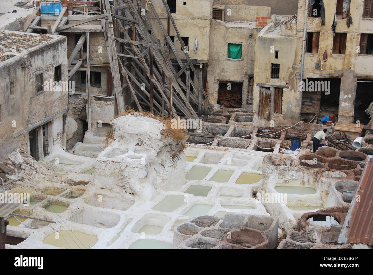 Morocco. Fez. Dye pots. Tannery. Medina. Curing skins. Dyeing skins ...