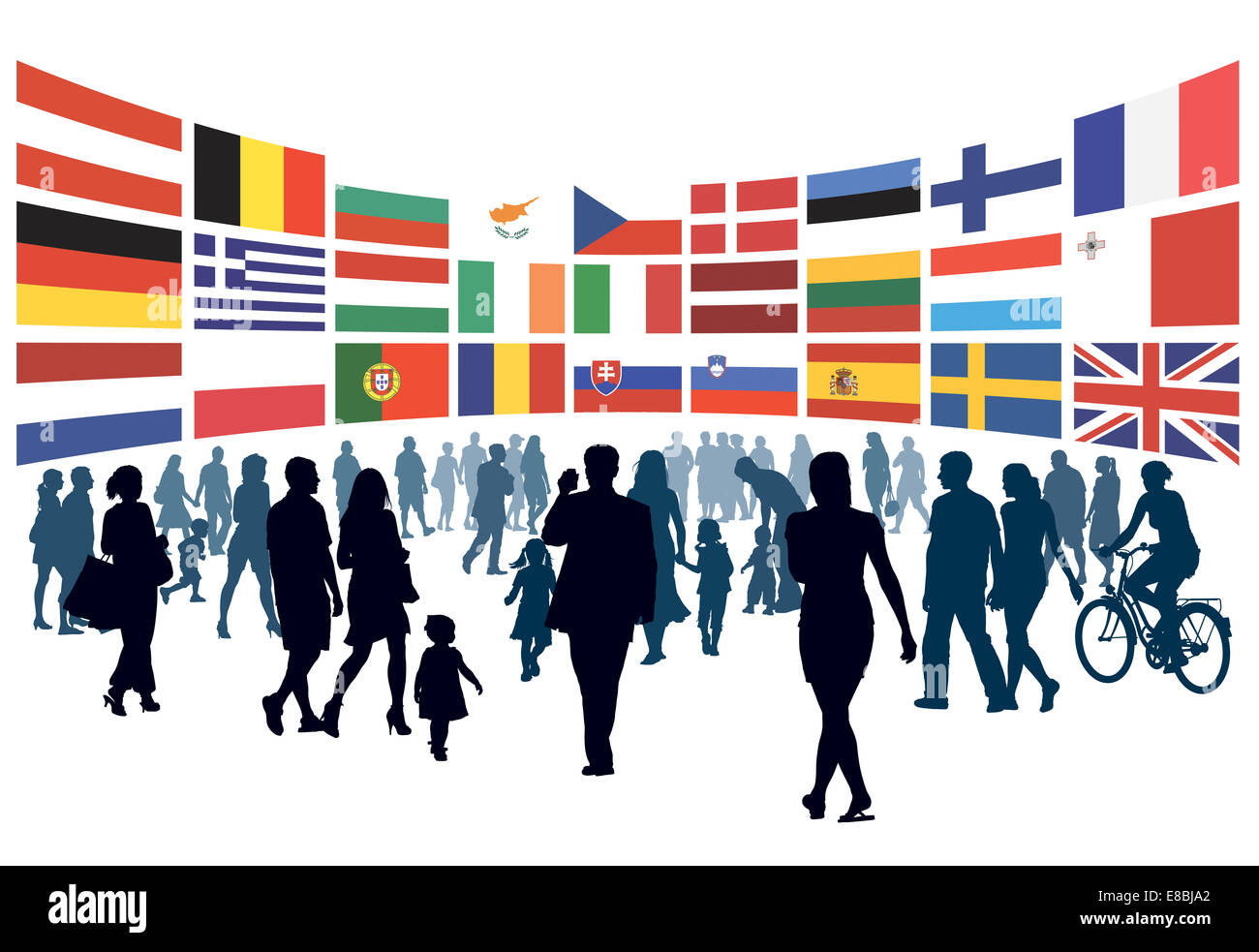 Crowd of people walking to national flags of european countries Stock ...