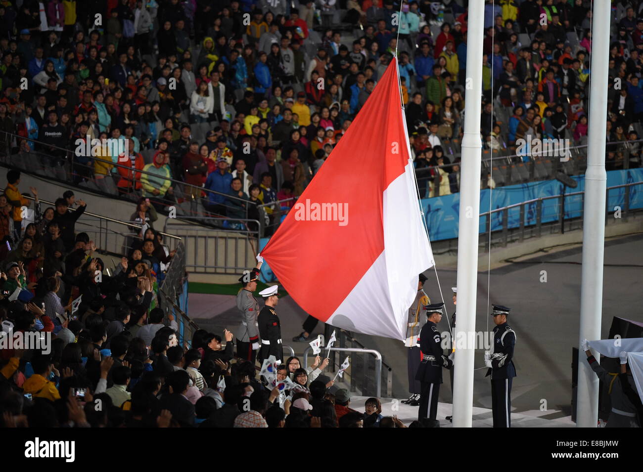 Incheon, South Korea. 4th Oct, 2014. The national flag of Indonesia is ...
