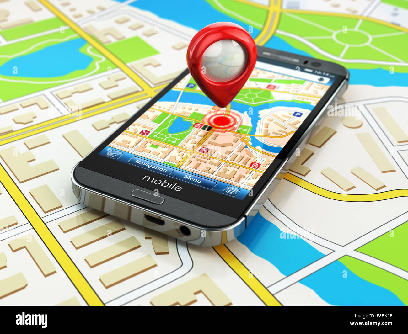 Mobile GPS navigation concept. Smartphone on map of the city, 3d Stock Photo - Alamy