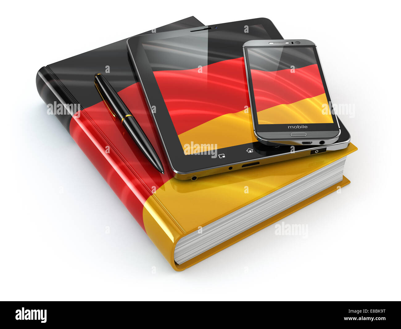 German learning. Mobile devices, smartphone, tablet pc and book . 3d ...