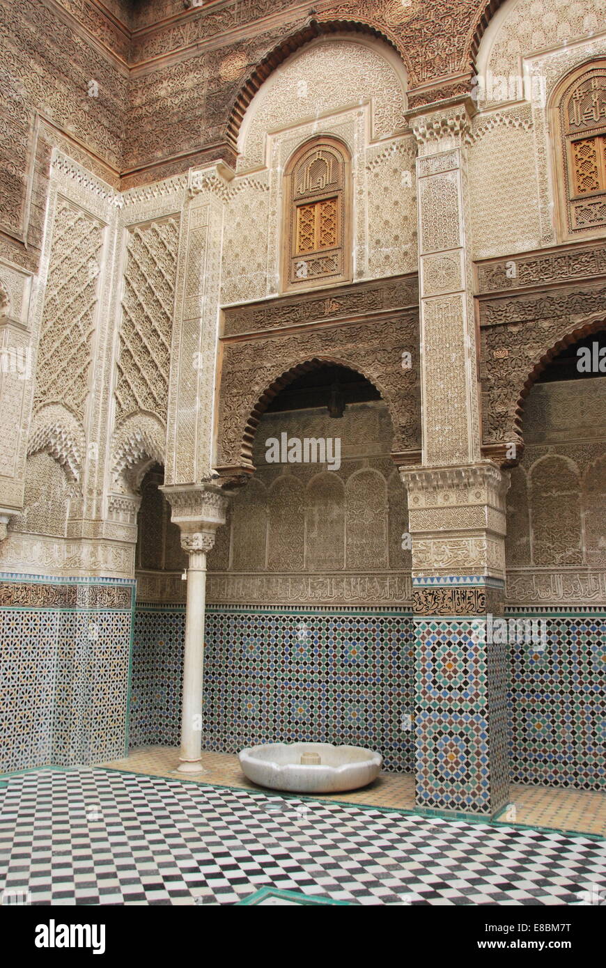 Morocco . Fez. Medina, Religious building. Tiles. Islamic. Carved walls ...