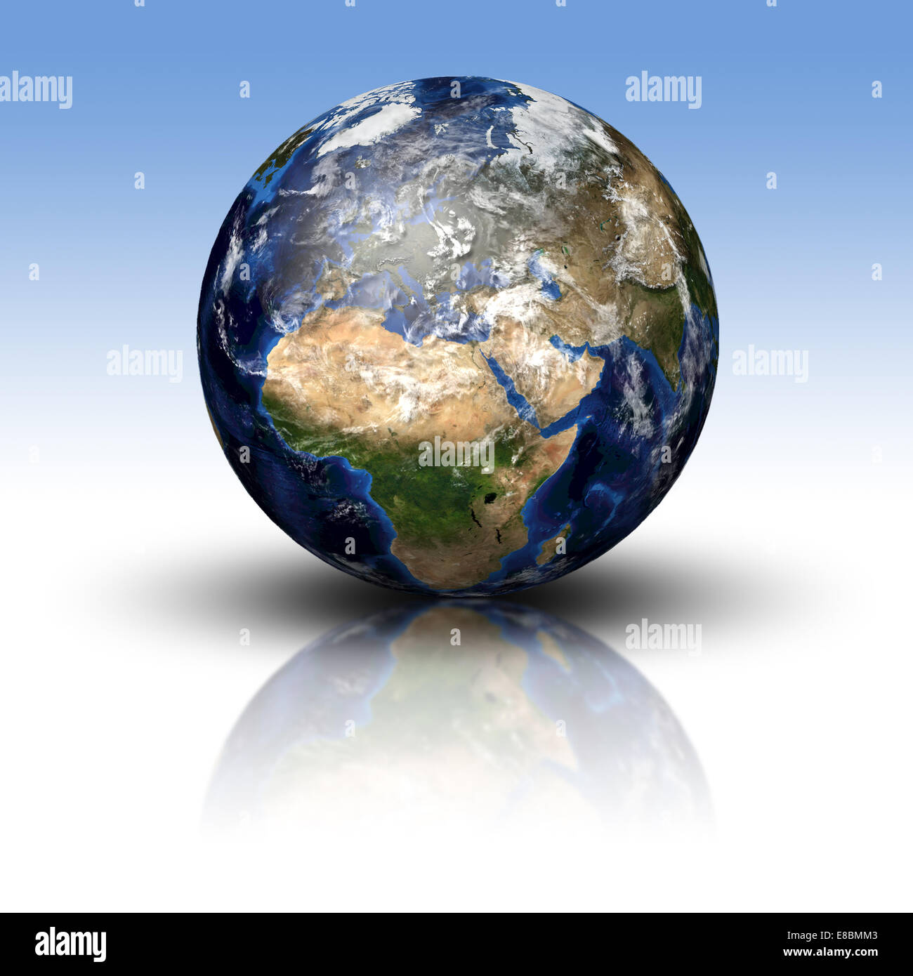3D image of planet Earth with shadow and reflection. View to Europe and ...