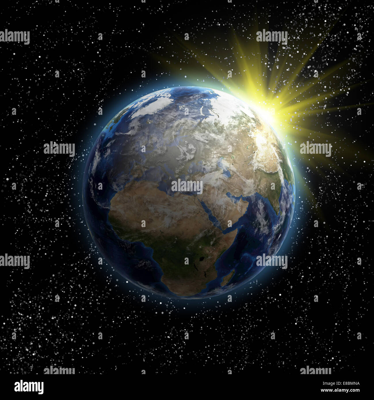 Sun, stars and planet Earth in the space. 3D image Stock Photo - Alamy