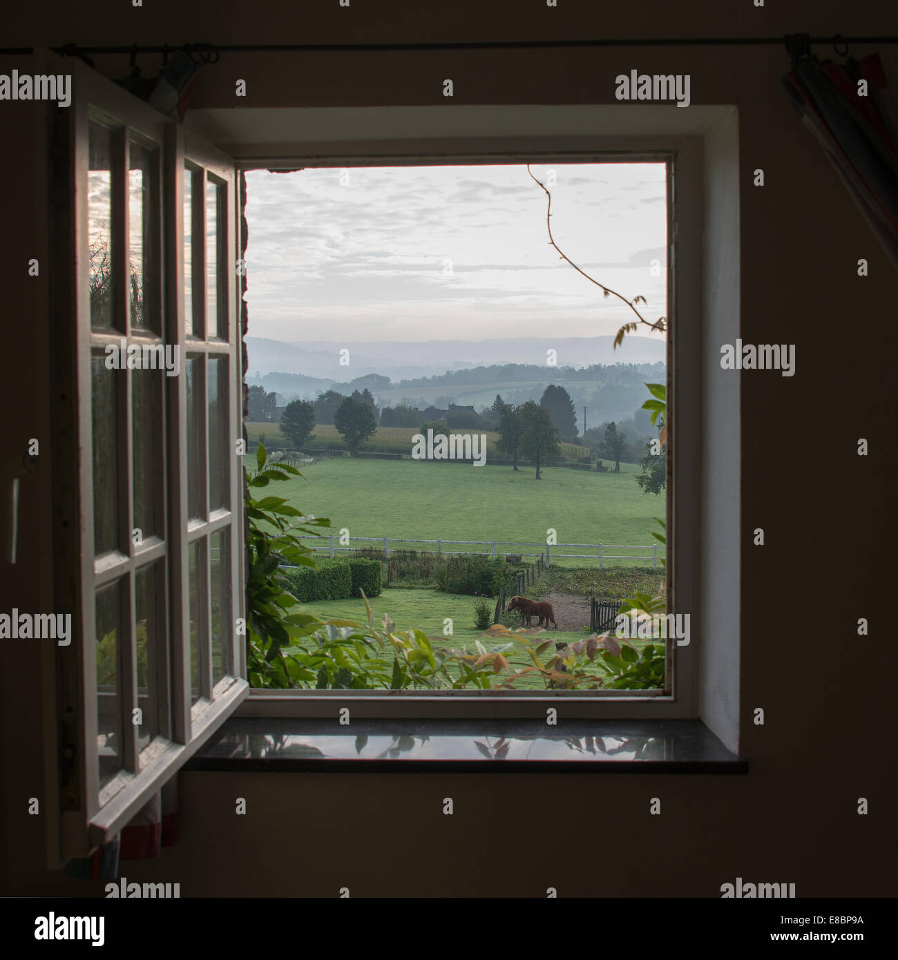 see through window with garden horses and hills Stock Photo - Alamy