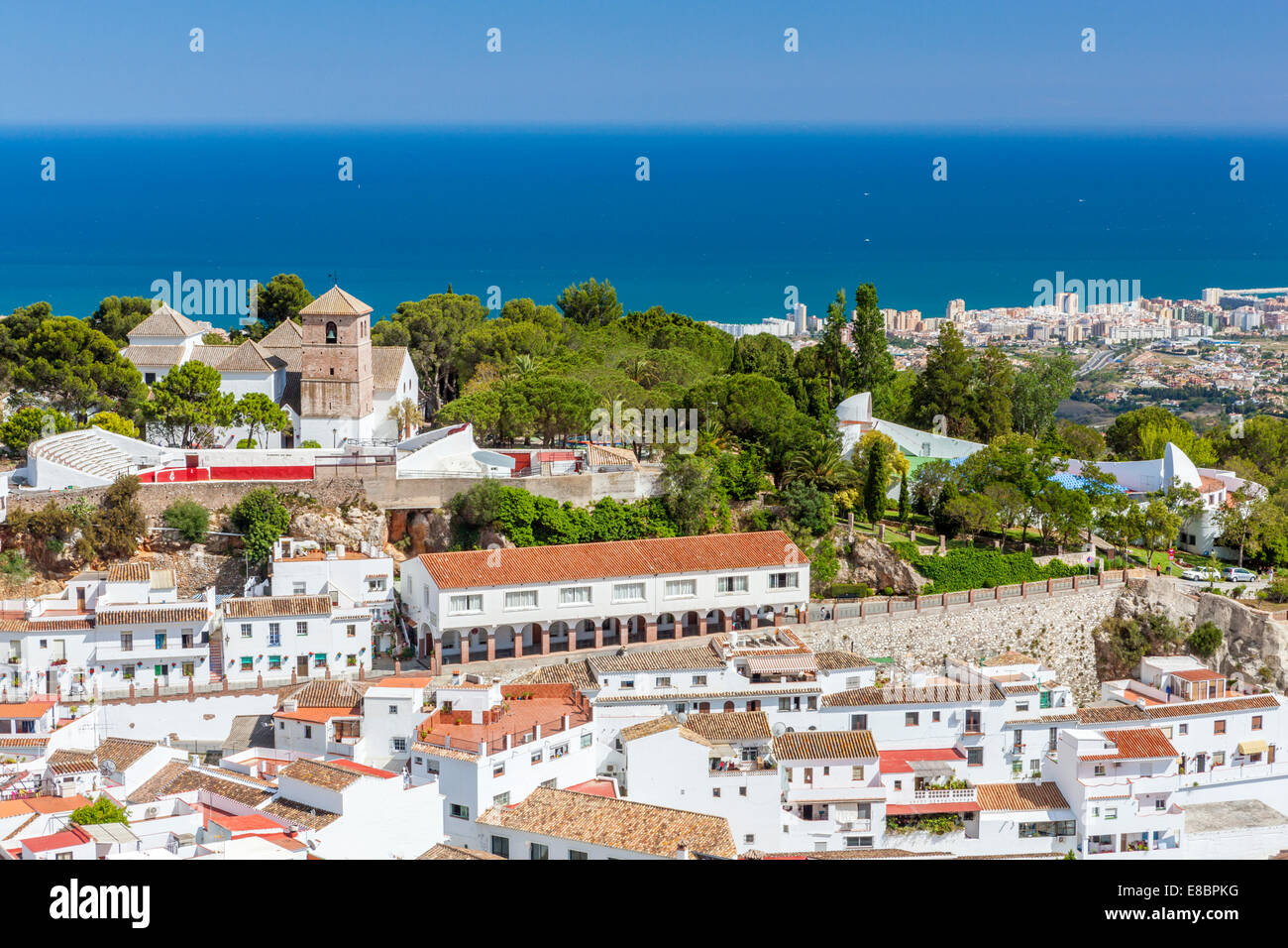 Bullring and church built on a former Moorish mosque, Mijas, Malaga ...