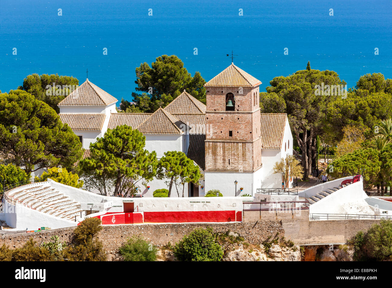 Bullring and church built on a former Moorish mosque, Mijas, Malaga ...