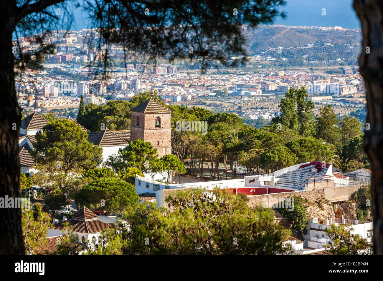 Bullring and church built on a former Moorish mosque, Mijas, Malaga ...