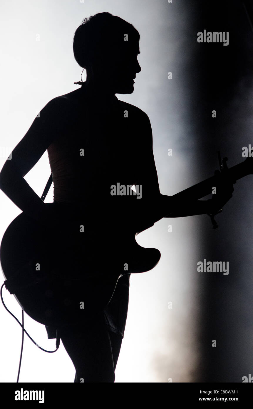 Trentemøller live concert, silhouette of woman guitar player Stock ...