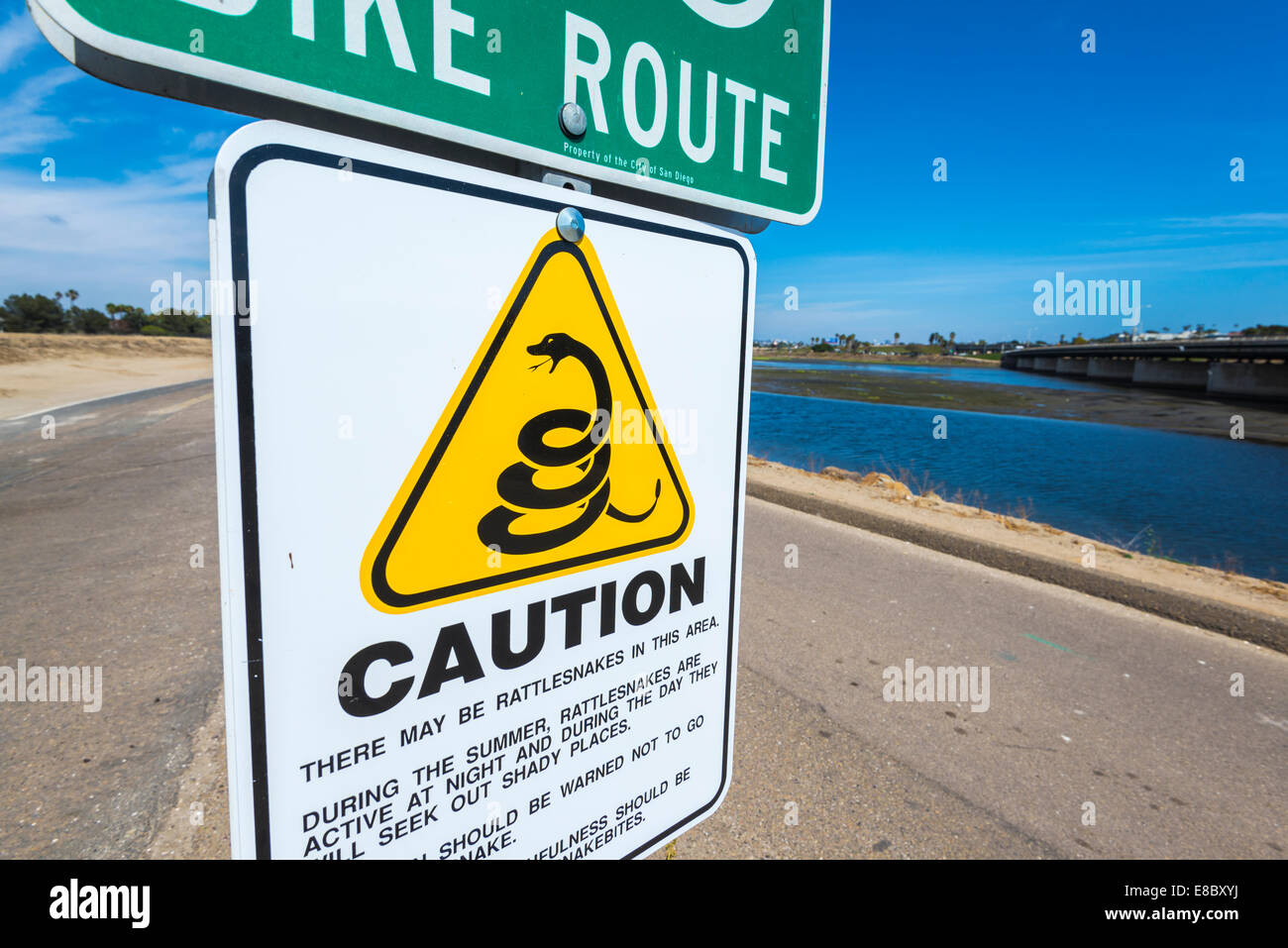 Rattlesnake warning sign along the San Diego River. San Diego ...