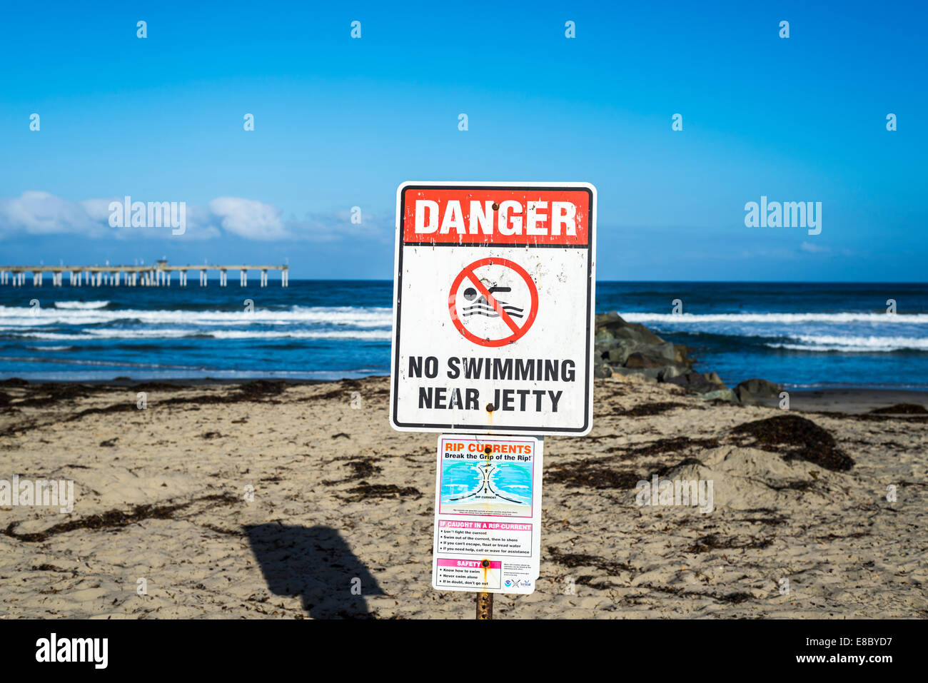 Danger sign posted on Ocean Beach. San Diego, California, United States ...