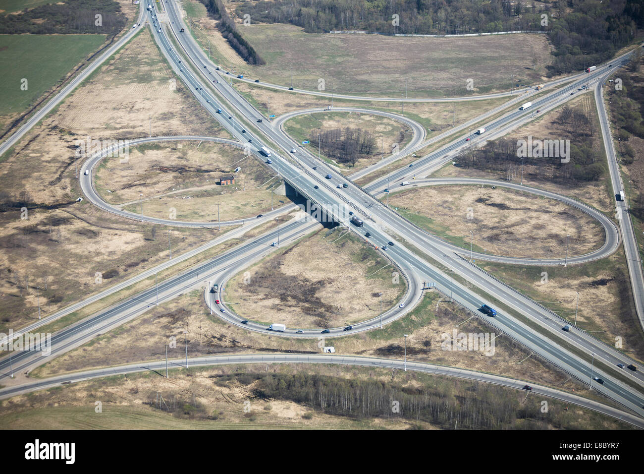 Aerial view of a transport intersection at Kievskoe highway in Russia ...