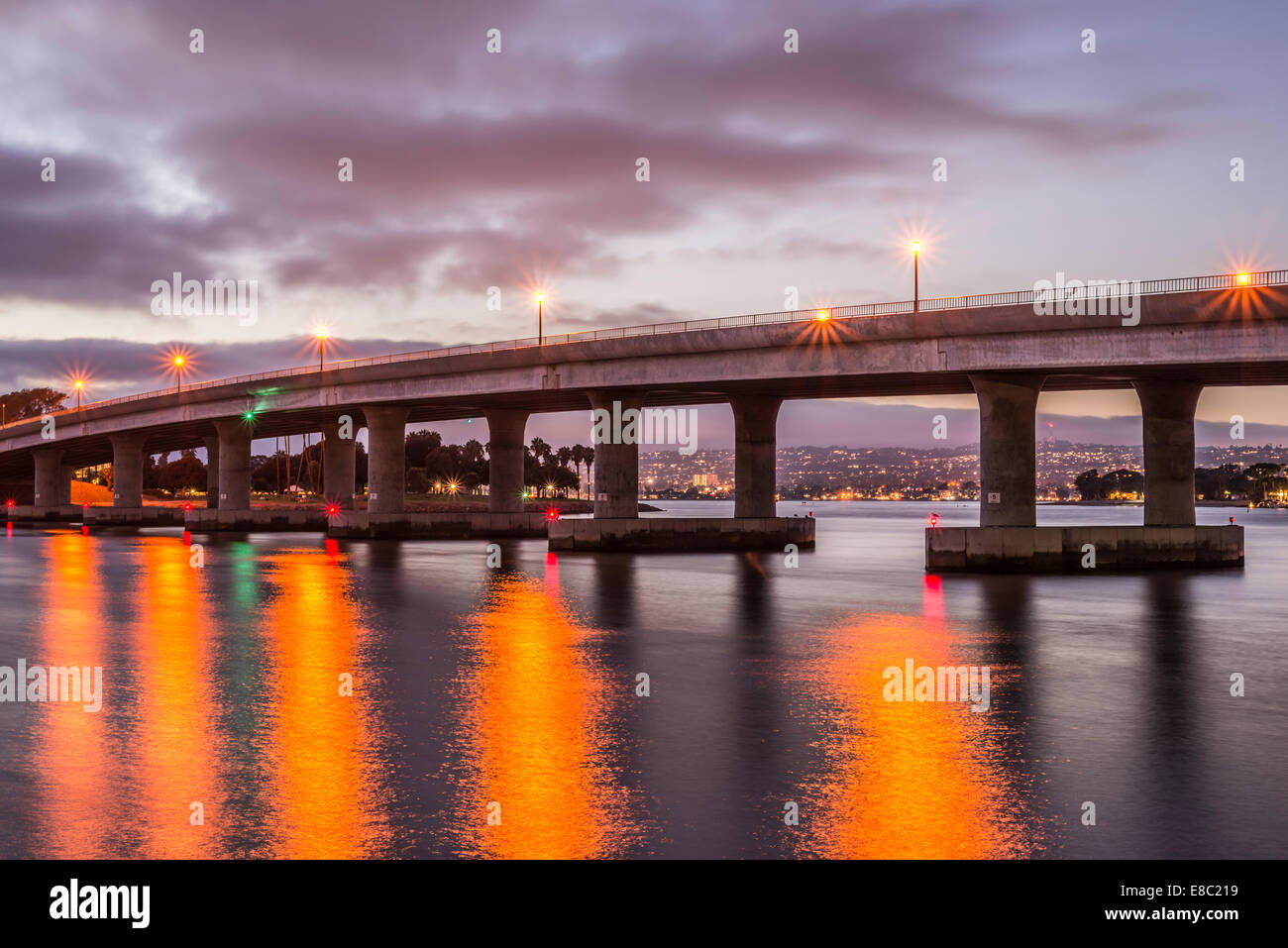 Lights of the West Mission Bay Drive Bridge reflecting off of Mission ...