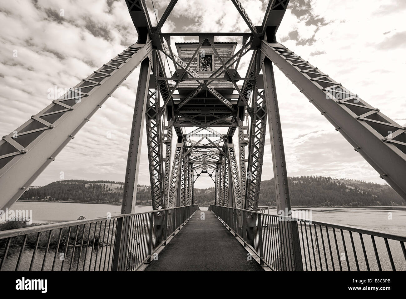 B&W bike bridge over lake Stock Photo - Alamy