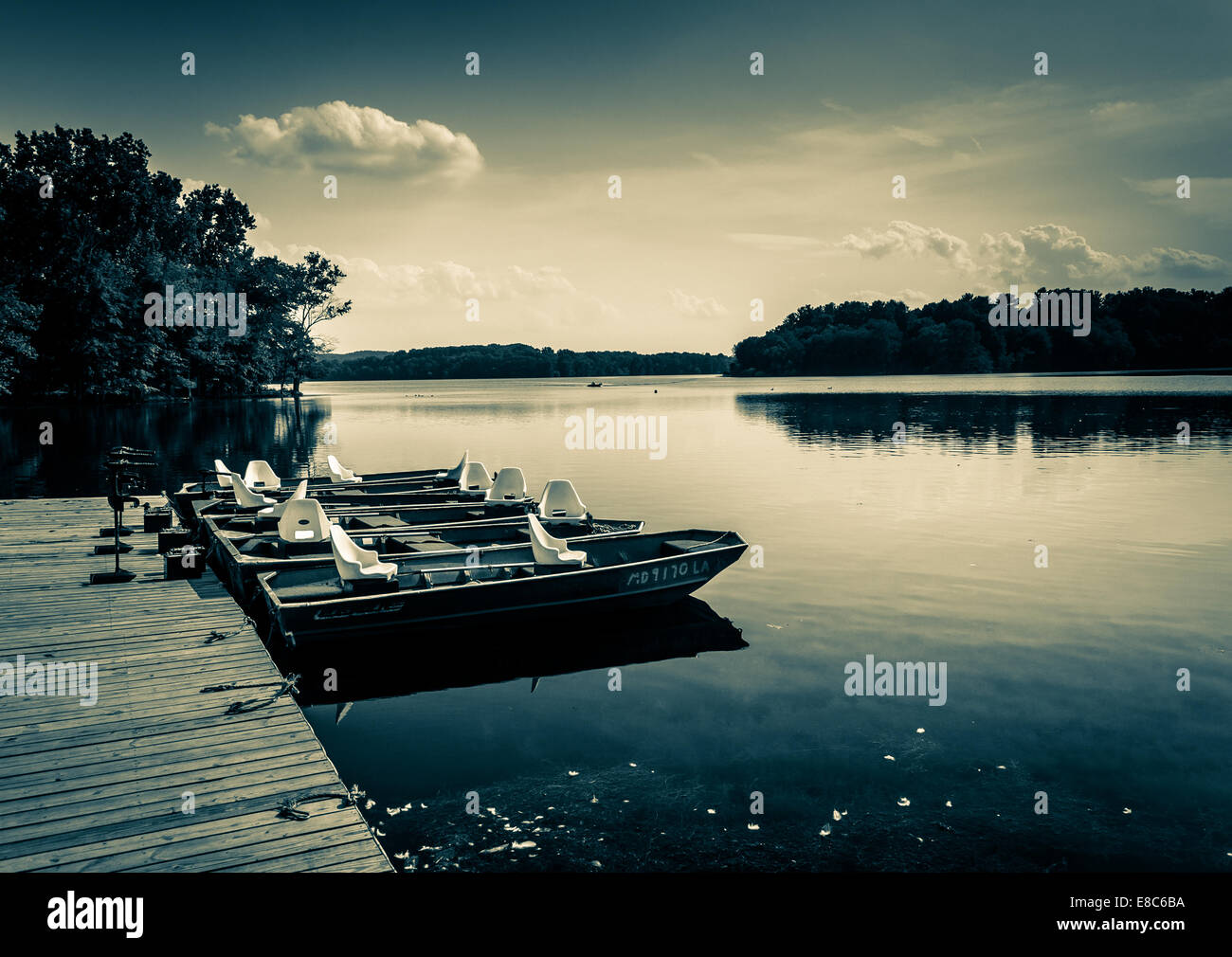 Dock and boats on Loch Raven Reservoir, near Towson, Maryland Stock ...