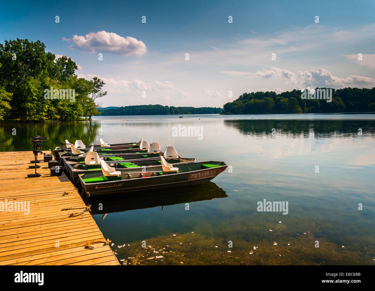 Dock and boats on Loch Raven Reservoir, near Towson, Maryland Stock ...