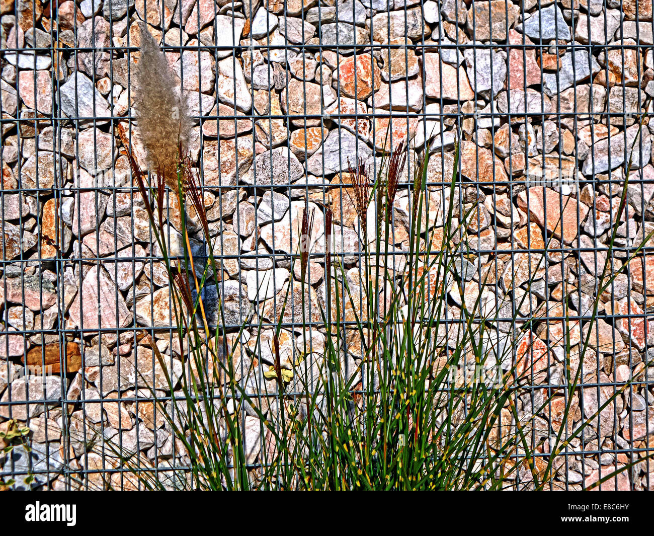 Ornamental wall with decorative rocks, trapped in wire mesh, with a ...
