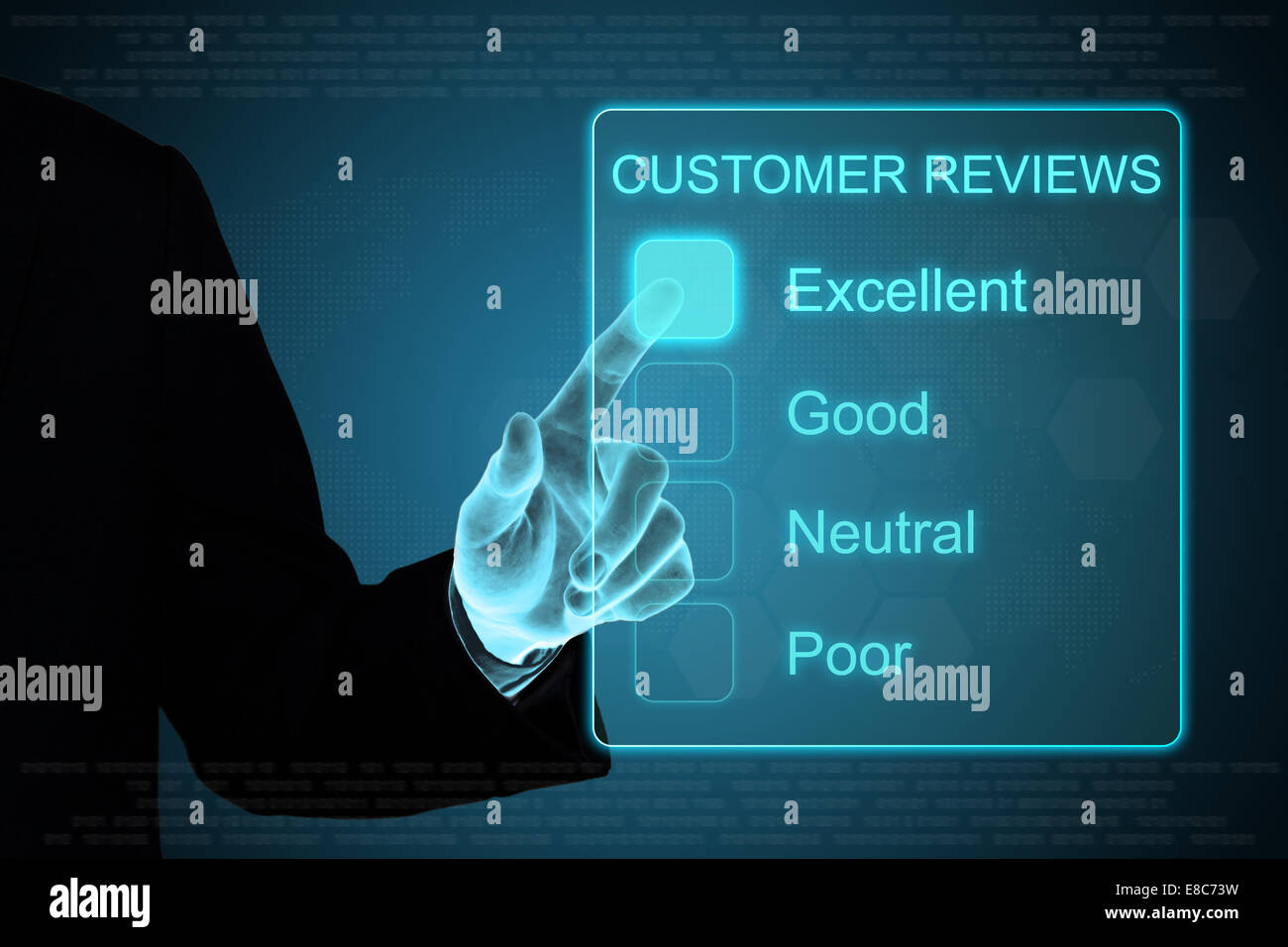 business hand pushing customer review feedback on a touch screen ...