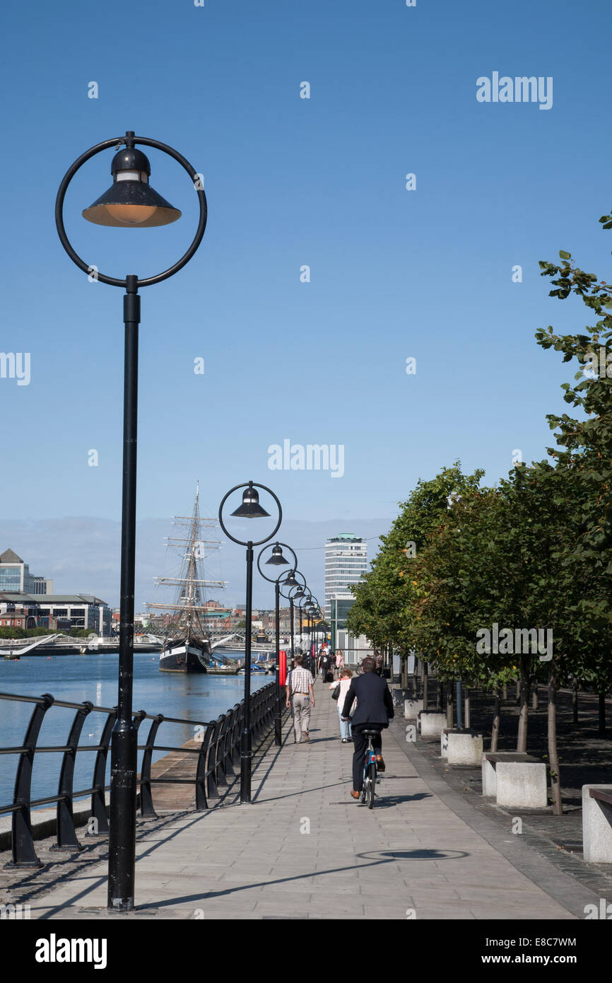 Embankment of River Liffey and Jeanie Johnston Sailing Ship, Docklands ...