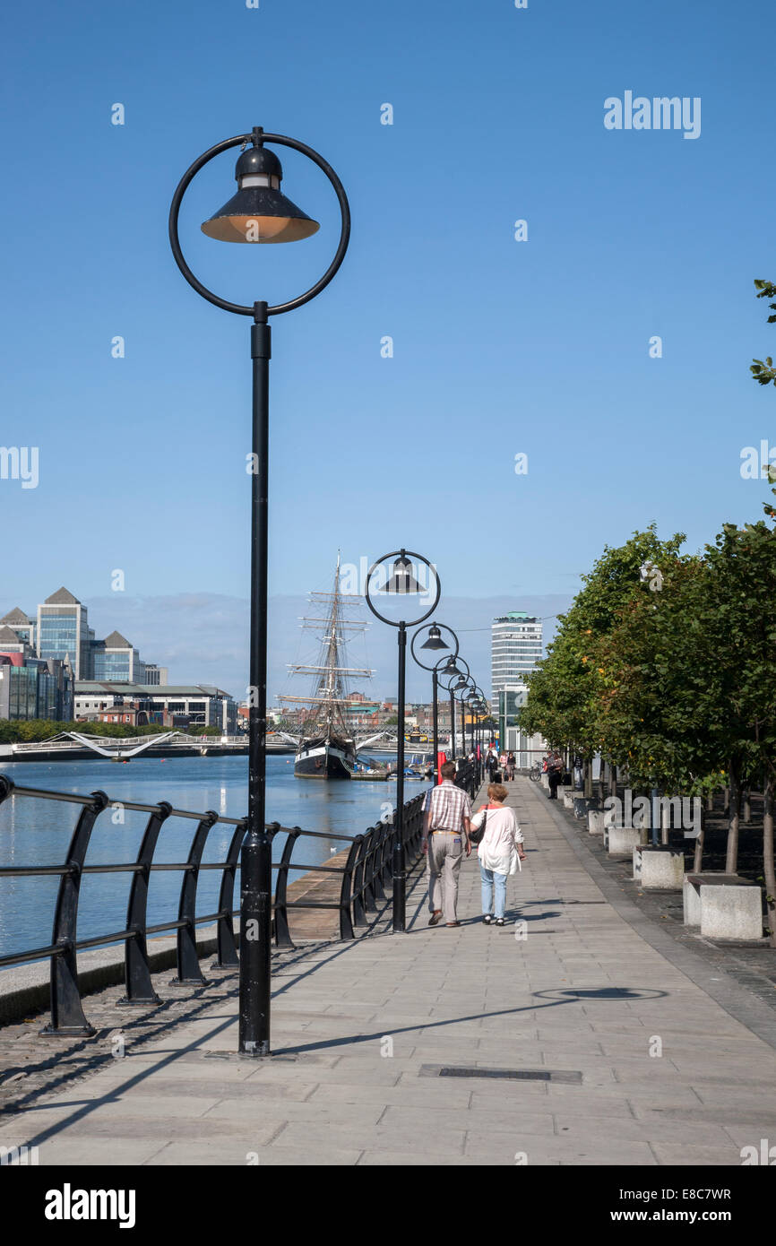 Embankment of River Liffey and Jeanie Johnston Sailing Ship, Docklands ...